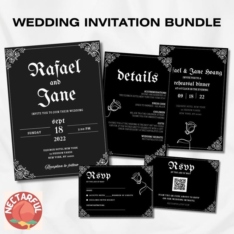 Gothic Dark Wedding Invitation Card Bundle Invitation, RSVP, QR Code, Details, Rehearsal Dinner ...