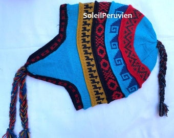 Hash Blue Unisex Peruvian Alpaca Hat Chullo With Earflaps 100% Lining ...
