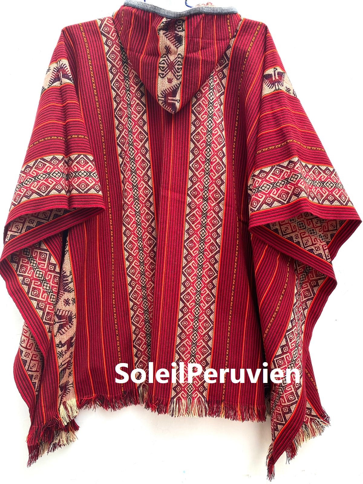 Red Hooded Poncho Unisex, Shaman Poncho, Peruvian Traditional Poncho ...