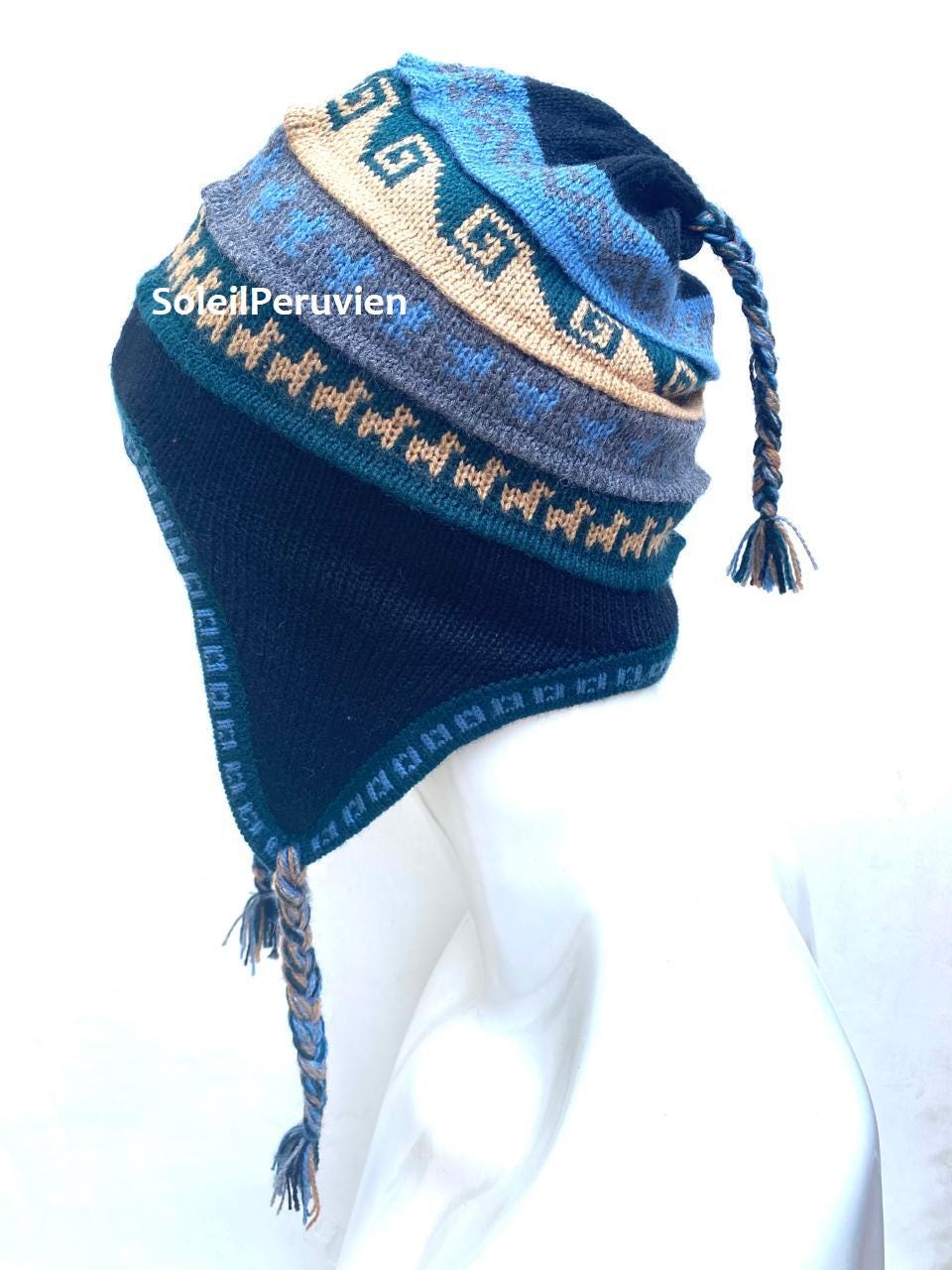 Mix Blue Unisex Peruvian Alpaca Hat Chullo With Earflaps 100% Lining ...