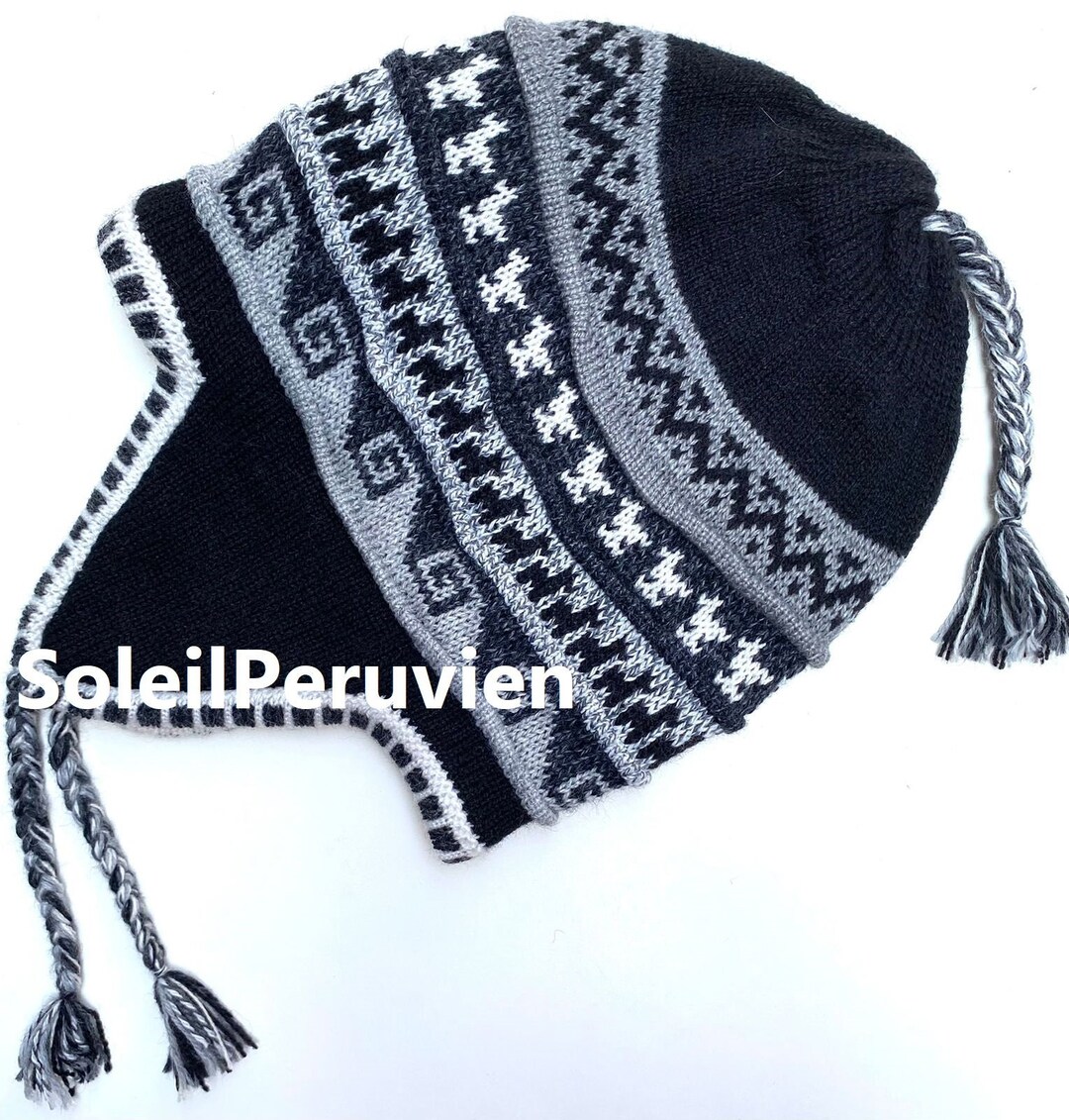 Black Unisex Peruvian Alpaca Hat Chullo With Earflaps 100% Lining, Soft Fleece Lining Beanie Hat ...