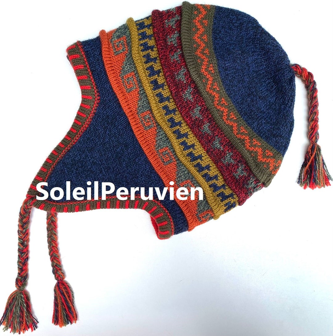 Blue With Orange Unisex Peruvian Alpaca Hat Chullo With Earflaps 100% ...