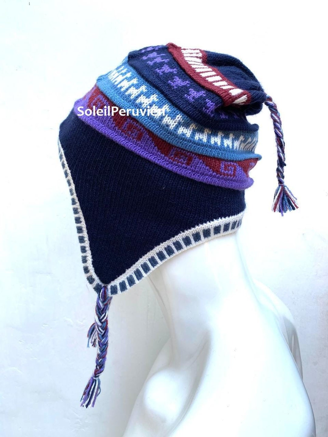 Purple Unisex Peruvian Alpaca Hat Chullo With Earflaps 100% Lining, Soft Fleece Lining Beanie ...