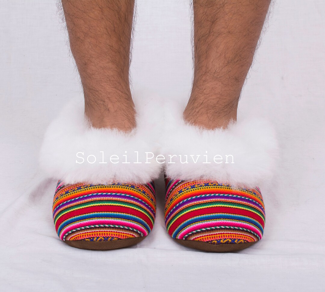 Rainbow With Border White Alpaca Slippers Unisex Alpaca Fur Slippers ...