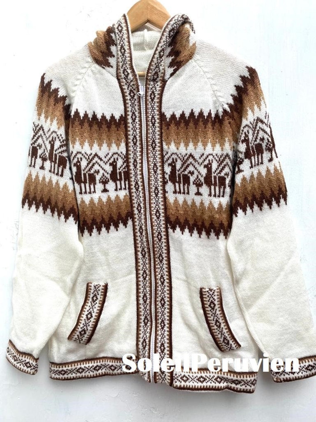 White With Brown Alpaca Sweater Peruvian Sweater Unisex Sweater ...