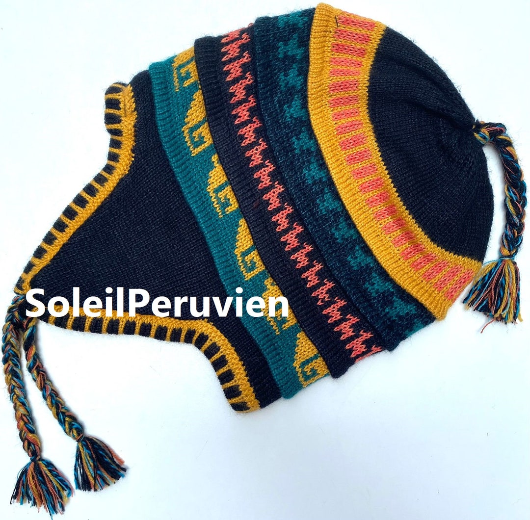 Black With Turquoise Unisex Peruvian Alpaca Hat Chullo With Earflaps 100% Lining, Soft Fleece ...