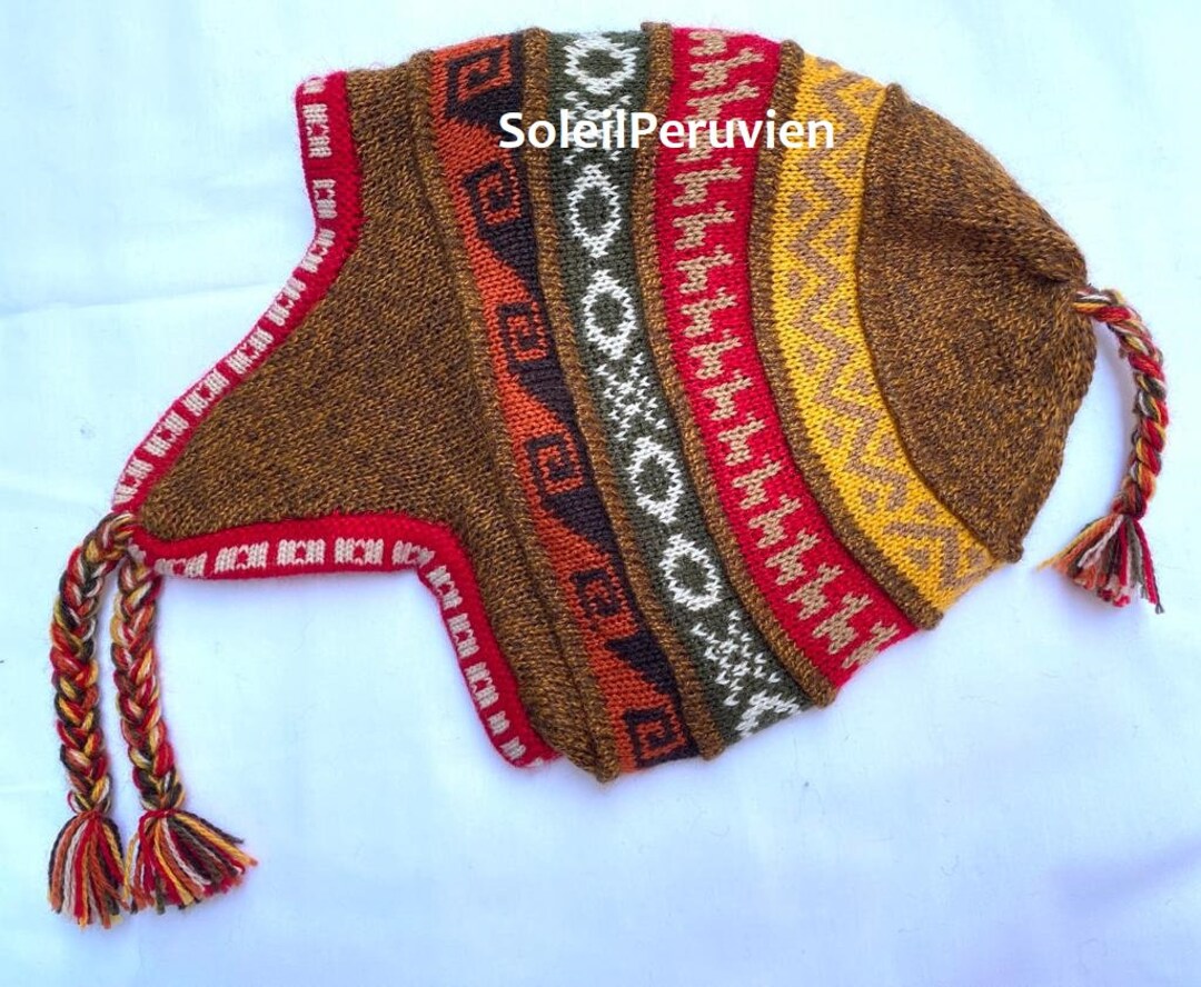 Hashed Brown With Red Unisex Peruvian Alpaca Hat Chullo With Earflaps ...