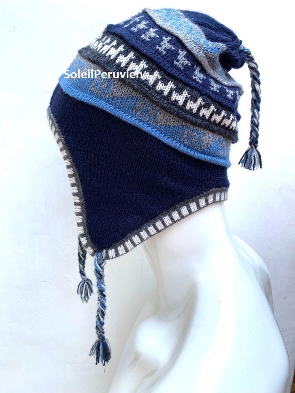 Mix Blue Unisex Peruvian Alpaca Hat Chullo With Earflaps 100% Lining ...