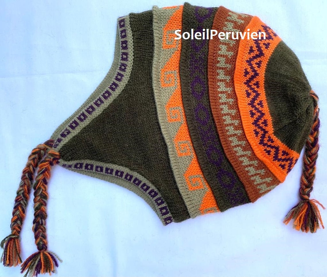 Hashed Beige Unisex Peruvian Alpaca Hat Chullo With Earflaps 100% ...