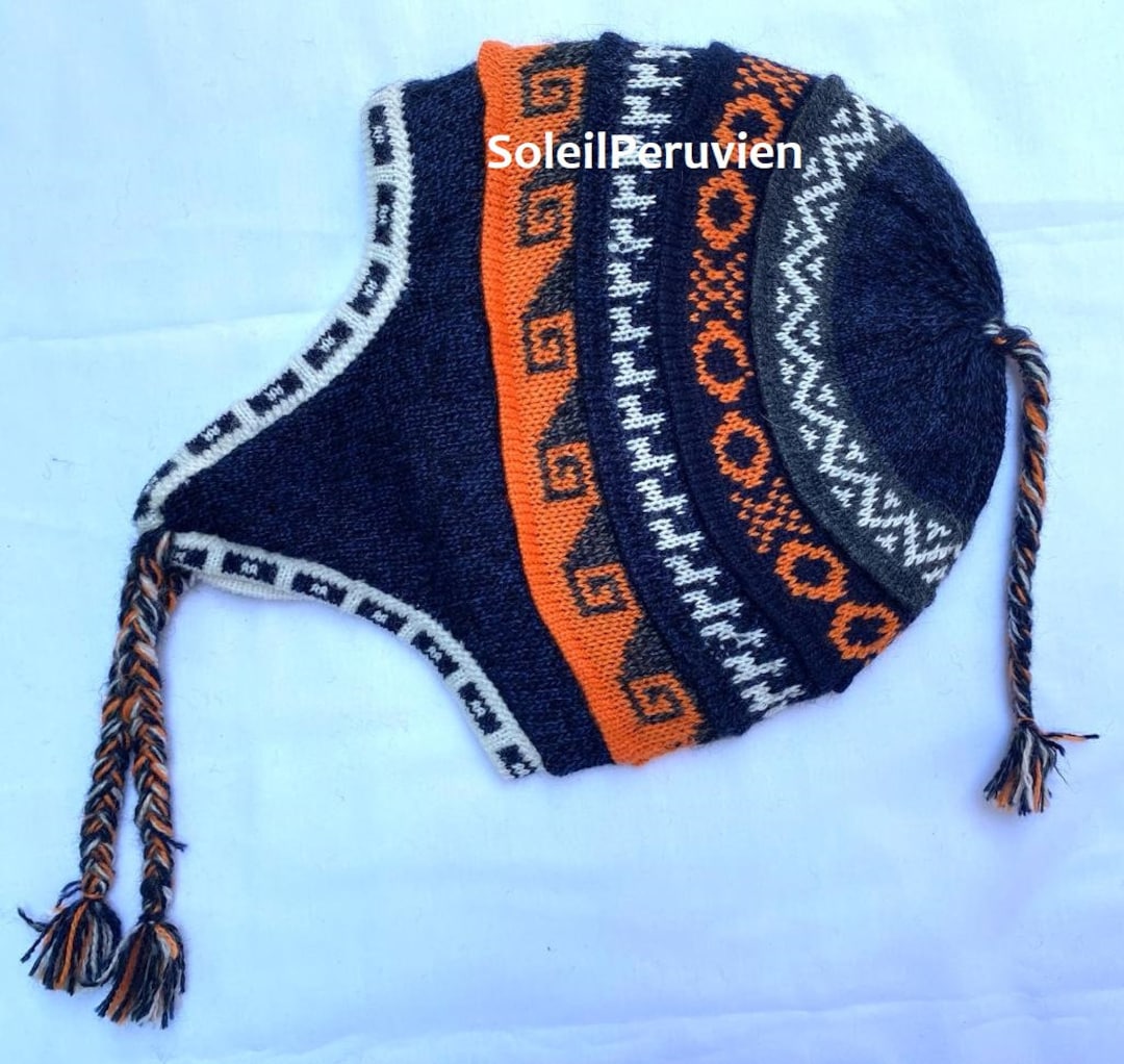 Blue With Orange Unisex Peruvian Alpaca Hat Chullo With Earflaps 100% ...