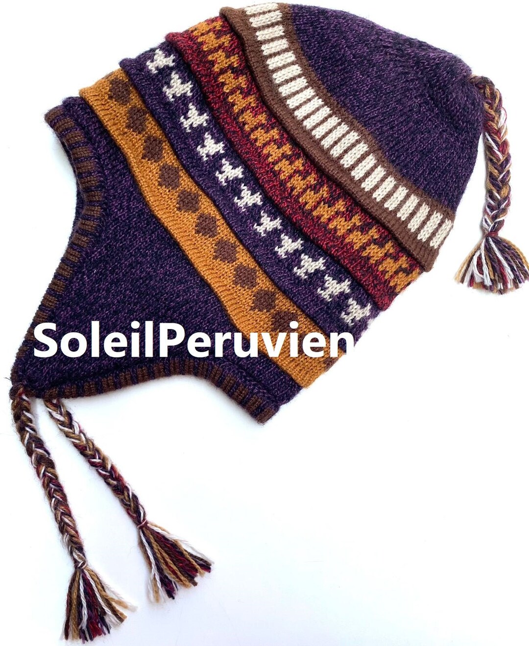 Dark Purple Unisex Peruvian Alpaca Hat Chullo With Earflaps 100% Lining, Soft Fleece Lining ...