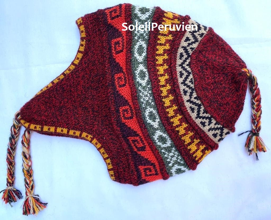 Hashed Red Unisex Peruvian Alpaca Hat Chullo With Earflaps 100% Lining ...