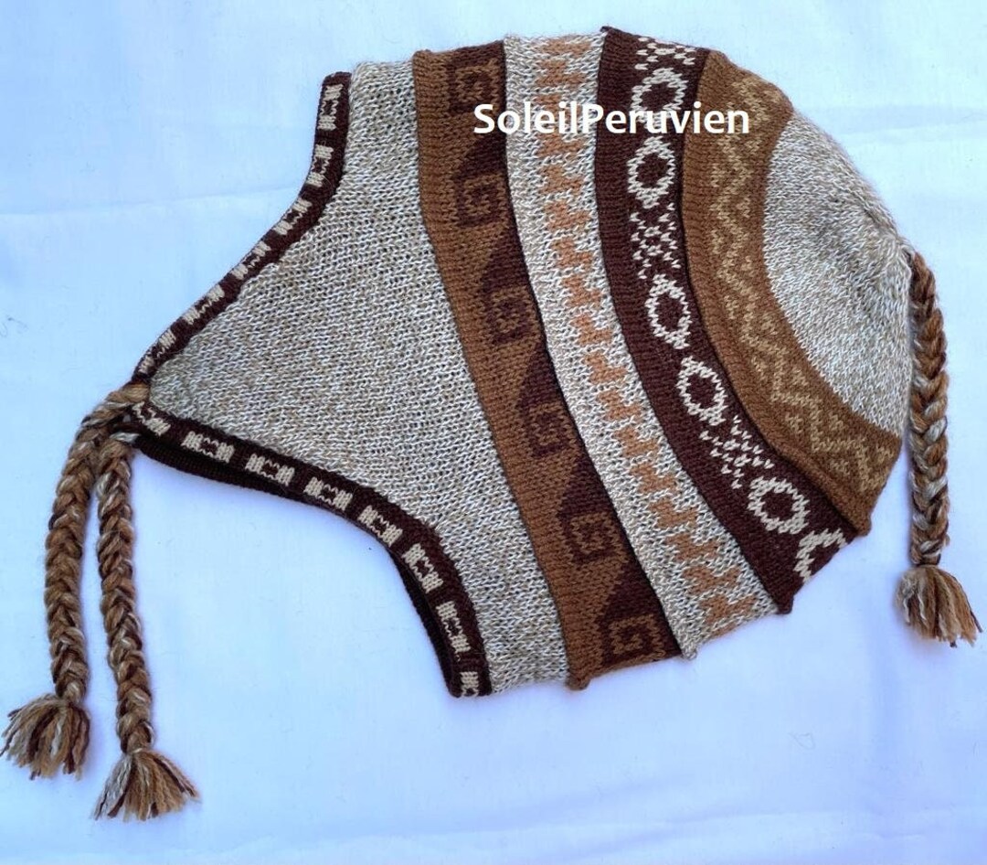 Hashed Beige Unisex Peruvian Alpaca Hat Chullo With Earflaps 100% Lining, Soft Fleece Lining ...