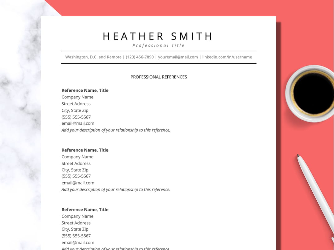 Resume References Template for Word, Google Docs | Professional ...