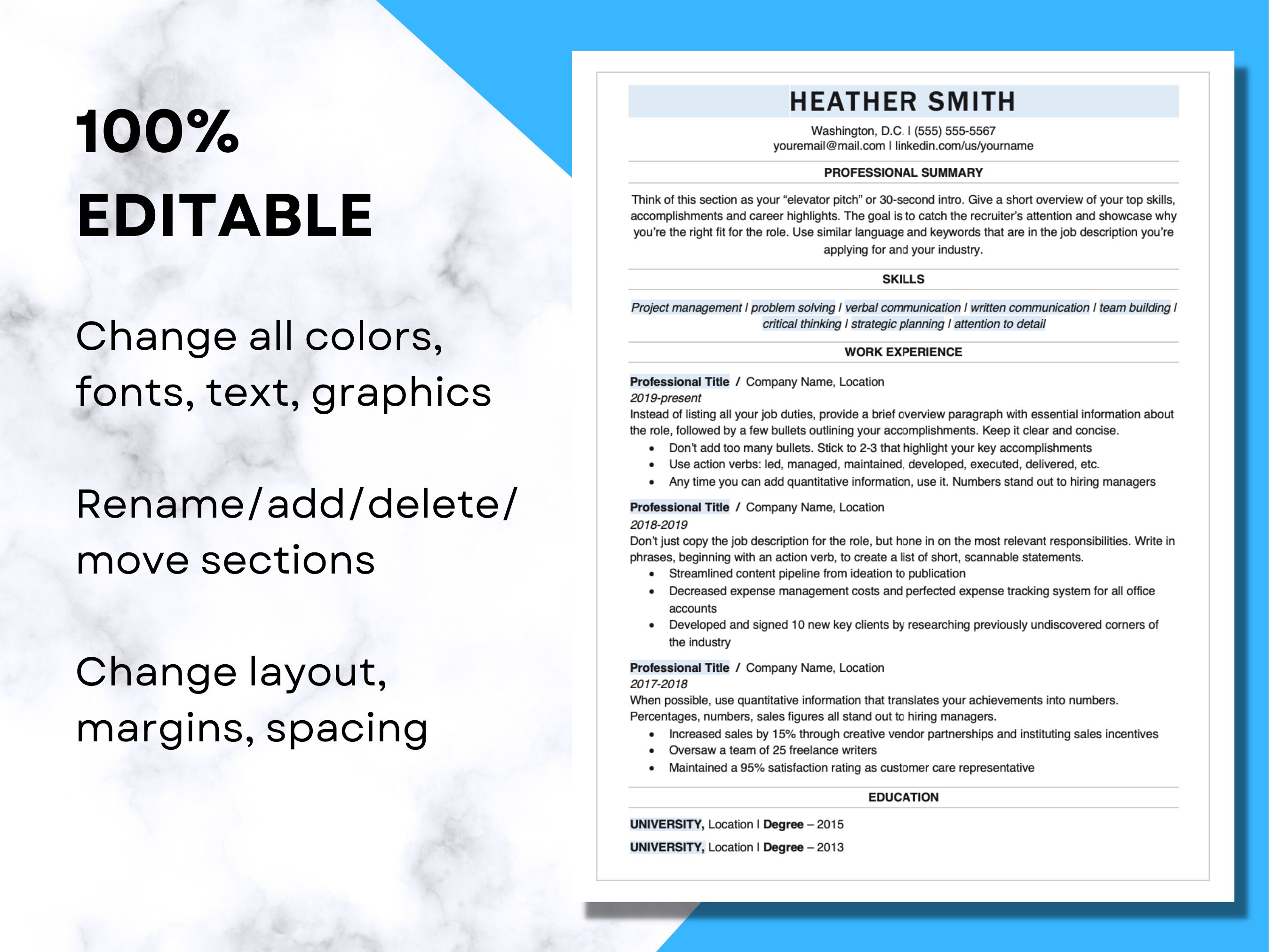 Resume Template for Word, Google Docs | Professional, Modern Resume ...