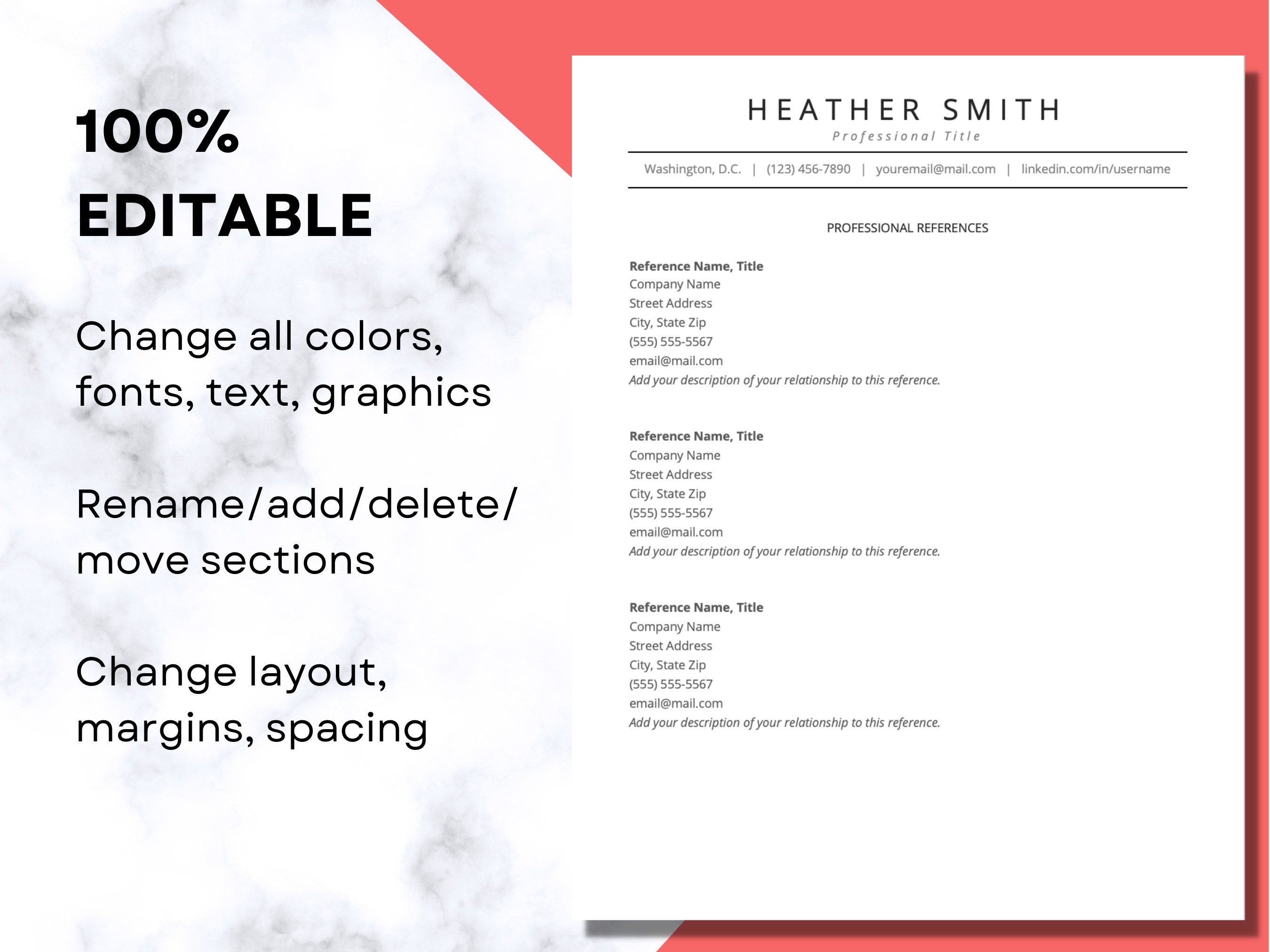 Resume References Template for Word, Google Docs | Professional ...