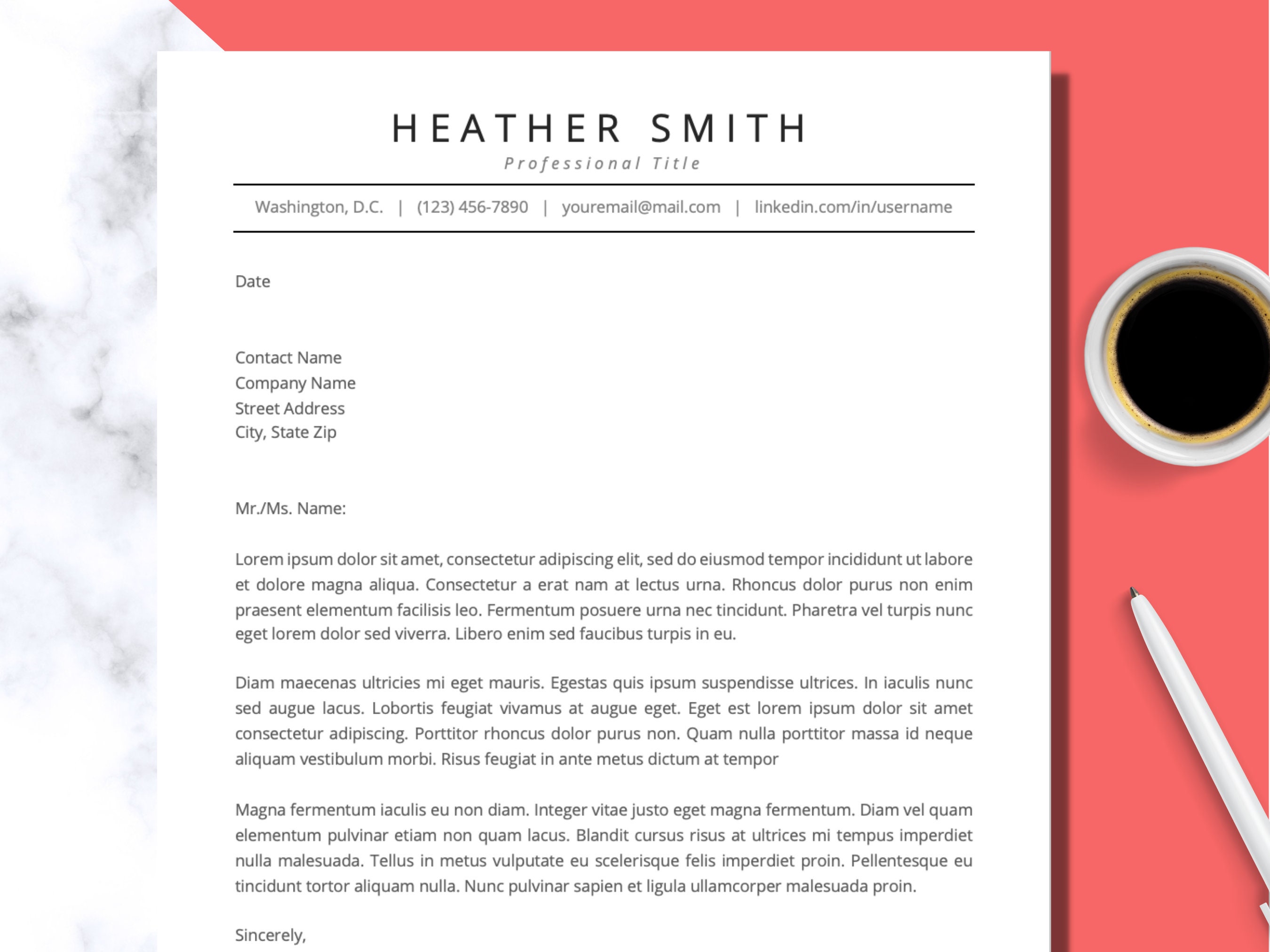 Cover Letter Template for Word, Google Docs | Professional Letter ...