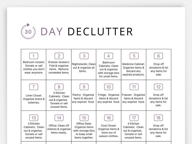 30 Day Declutter Challenge, Printable, Instant Download, Printable PDF ...