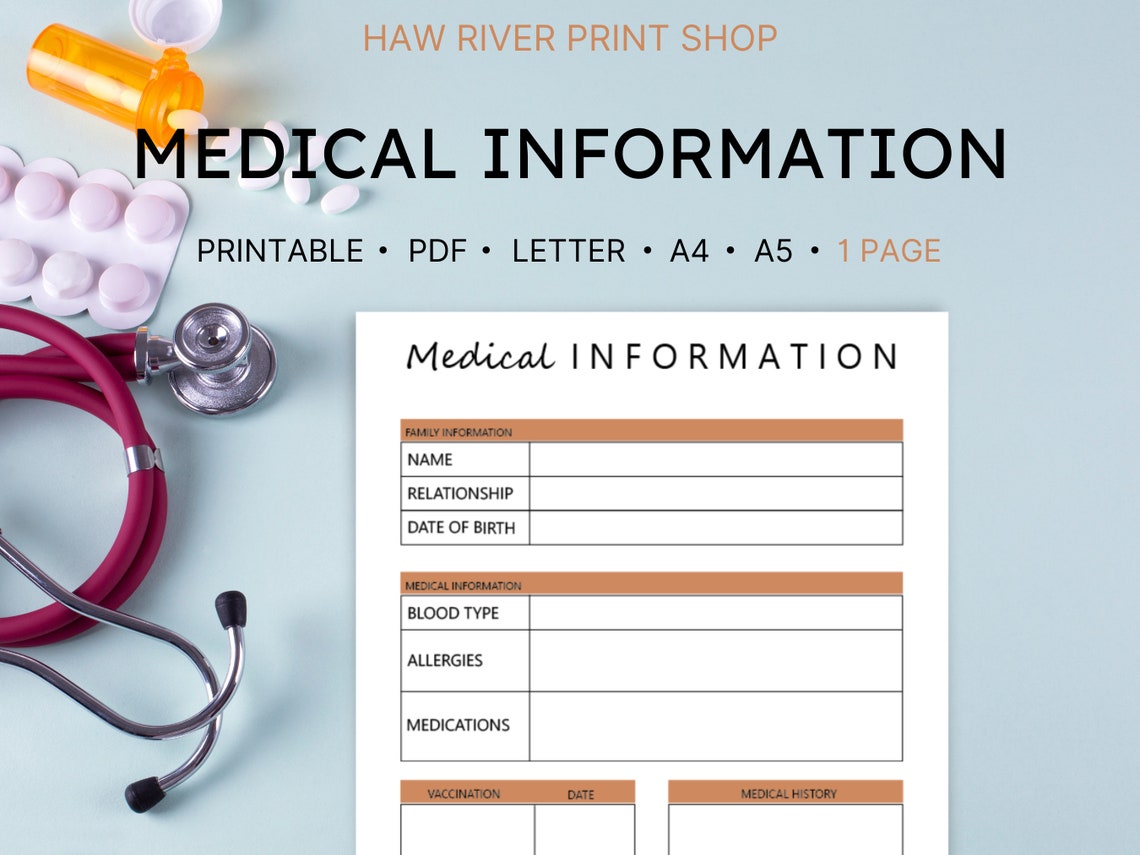 Medical Information, Printable, Instant Download, Printable PDF, US ...