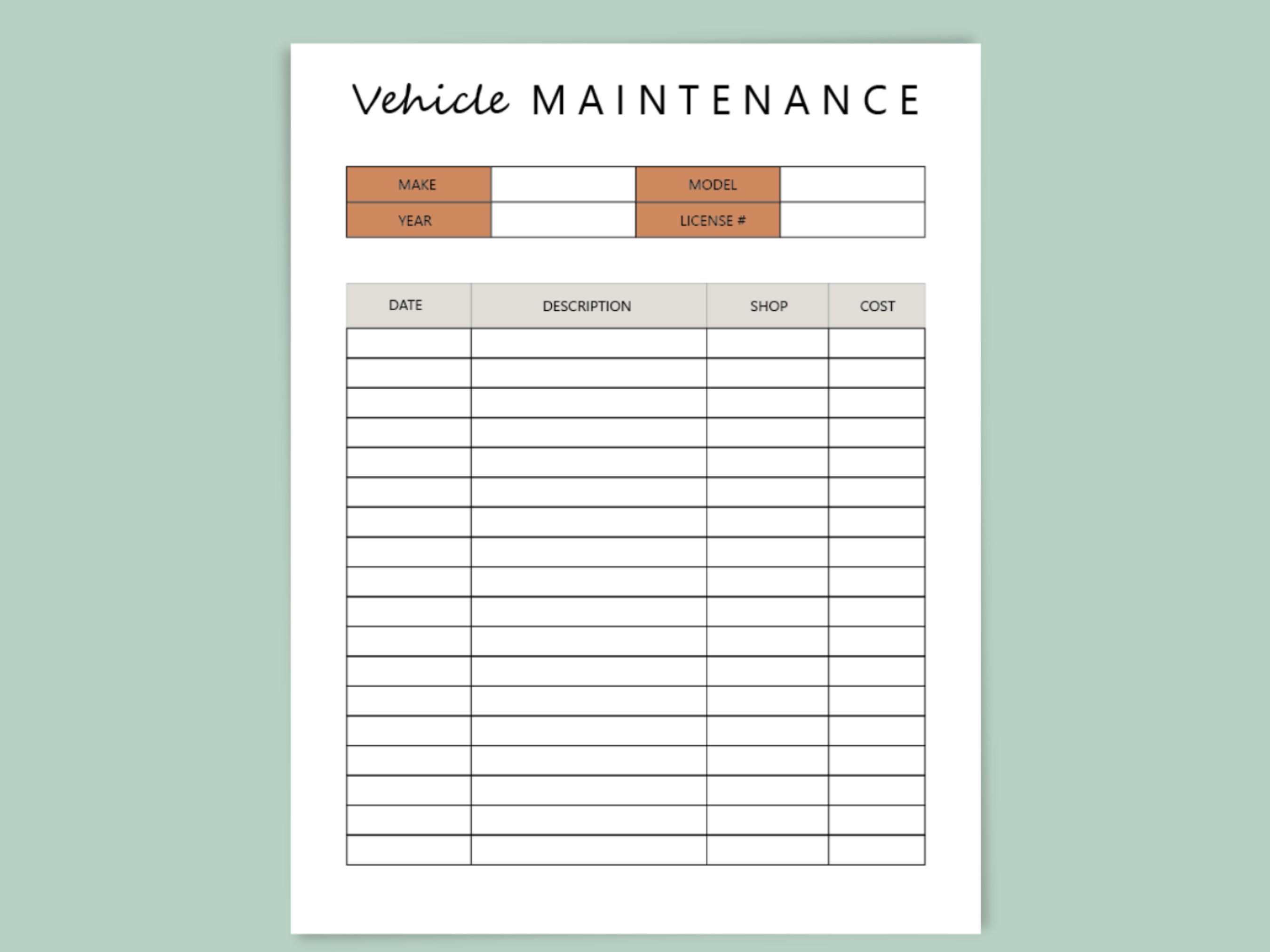 Vehicle Maintenance, Printable, Instant Download, Printable PDF, US ...
