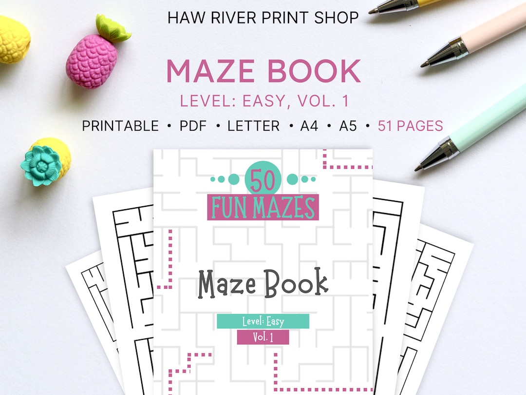 Maze Book, 50 Mazes, Level Easy, Printable, Instant Download, Printable ...