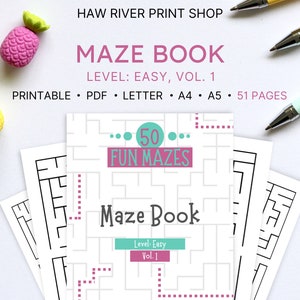 Maze Book, 50 Mazes, Level Easy, Printable, Instant Download, Printable ...