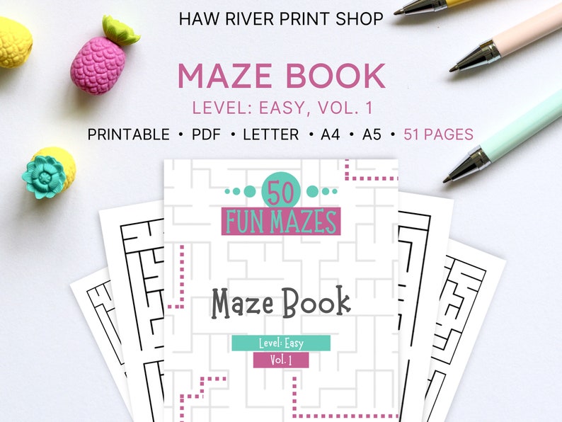 Maze Book, 50 Mazes, Level Easy, Printable, Instant Download, Printable ...