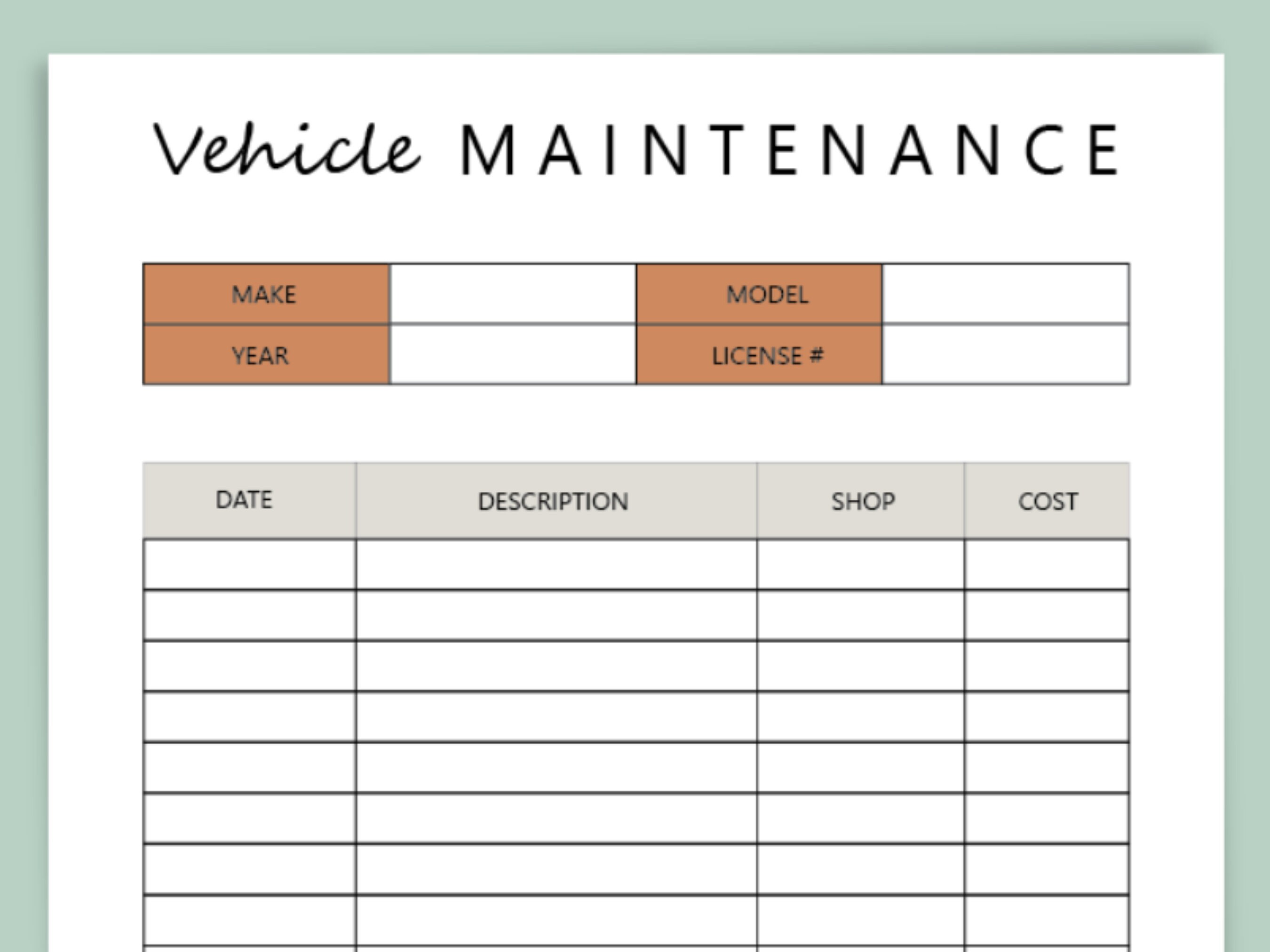 Vehicle Maintenance, Printable, Instant Download, Printable PDF, US ...