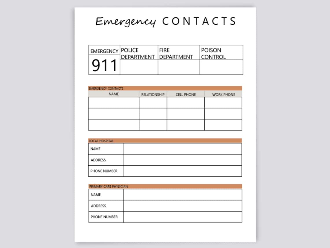 Emergency Contacts, Printable, Instant Download, Printable PDF, US ...