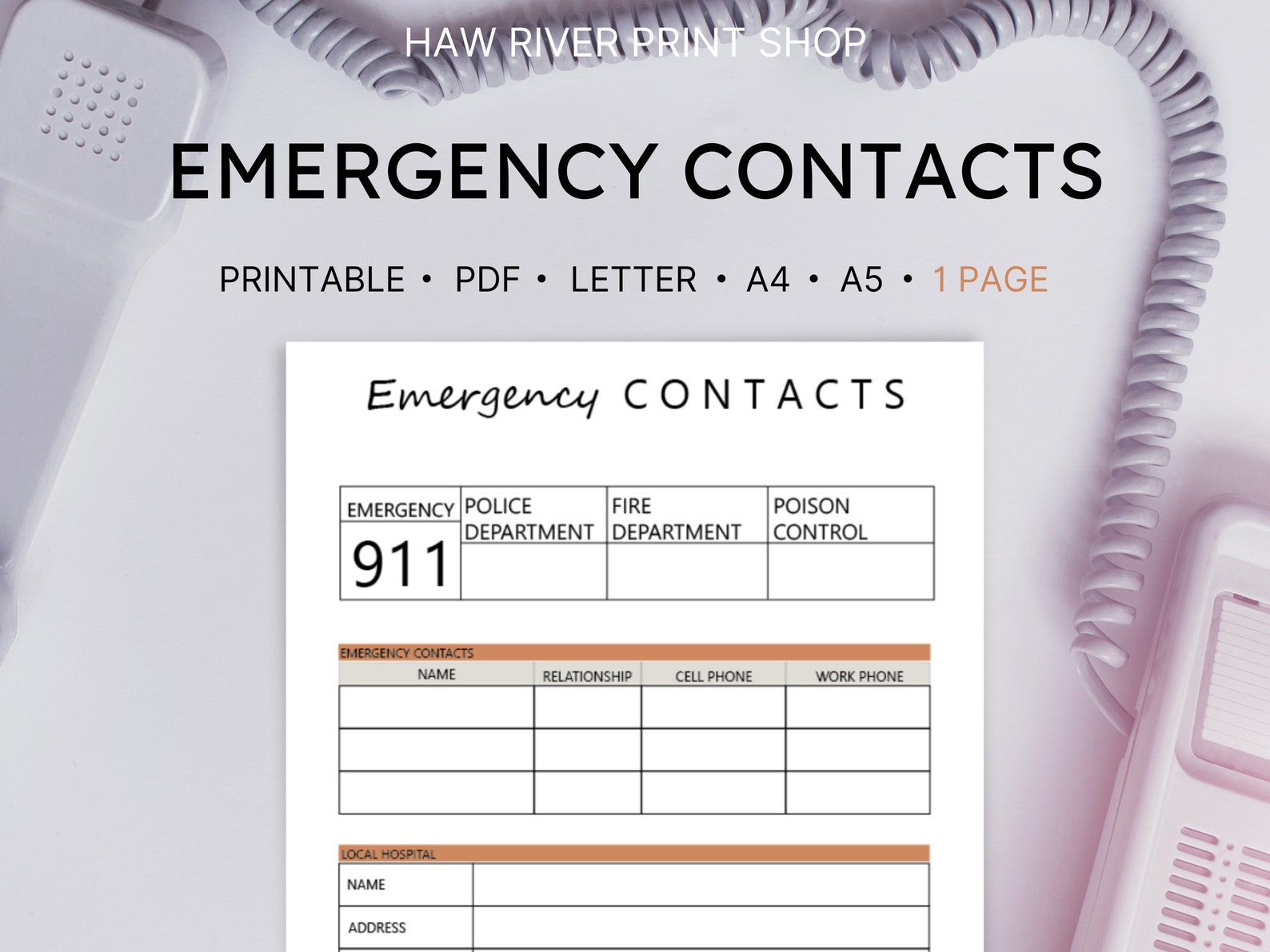 Emergency Contacts, Printable, Instant Download, Printable PDF, US ...