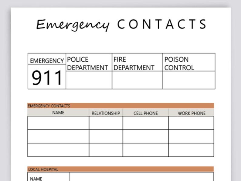 Emergency Contacts, Printable, Instant Download, Printable PDF, US ...