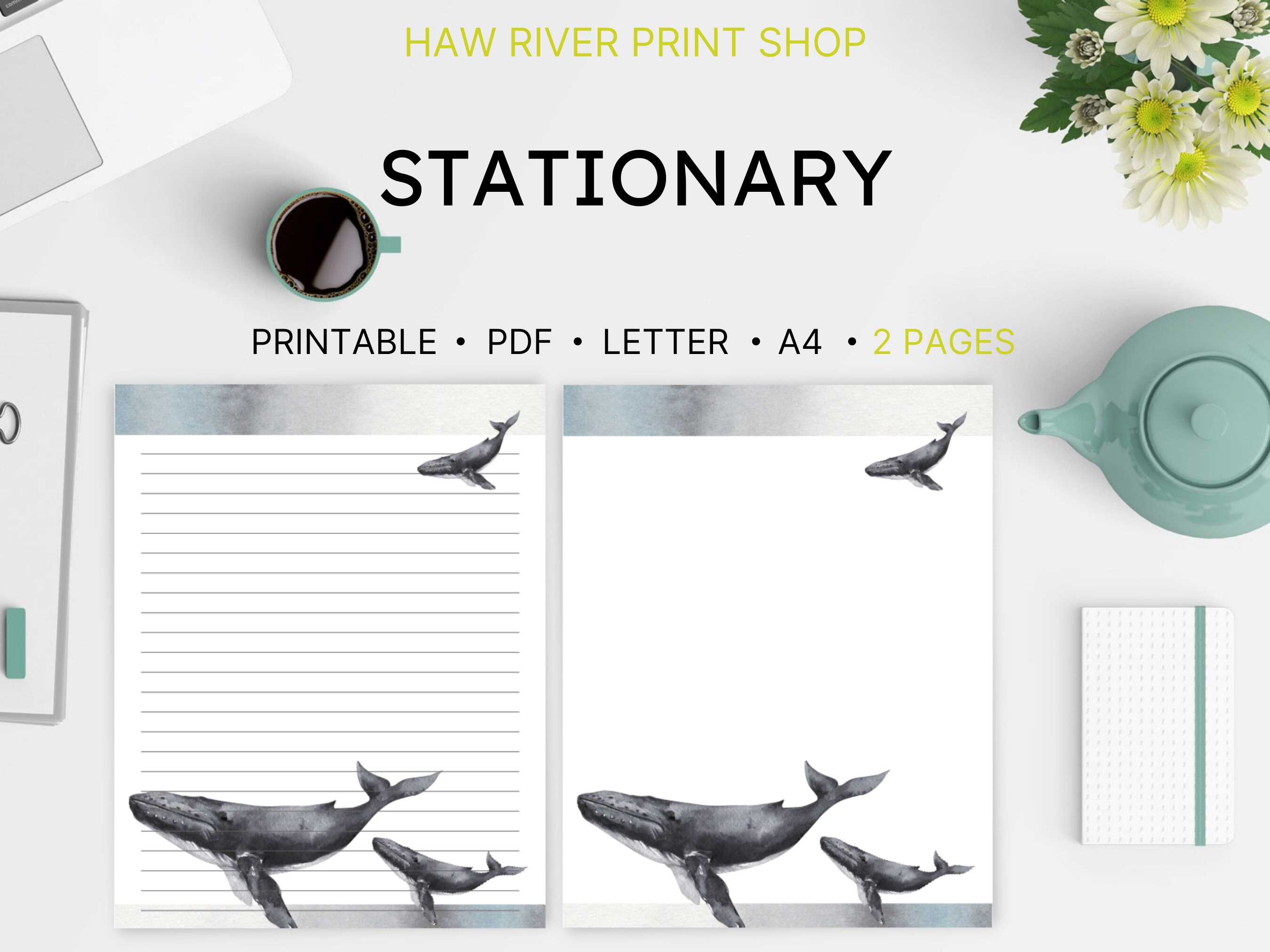 Printable Stationary, Whales, Note Paper, Letter Writing, Lined ...