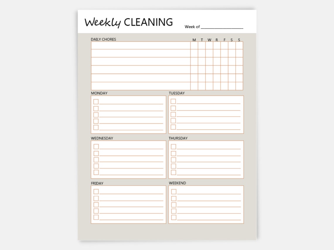 Weekly Cleaning, Printable, Instant Download, Printable PDF, US Letter ...