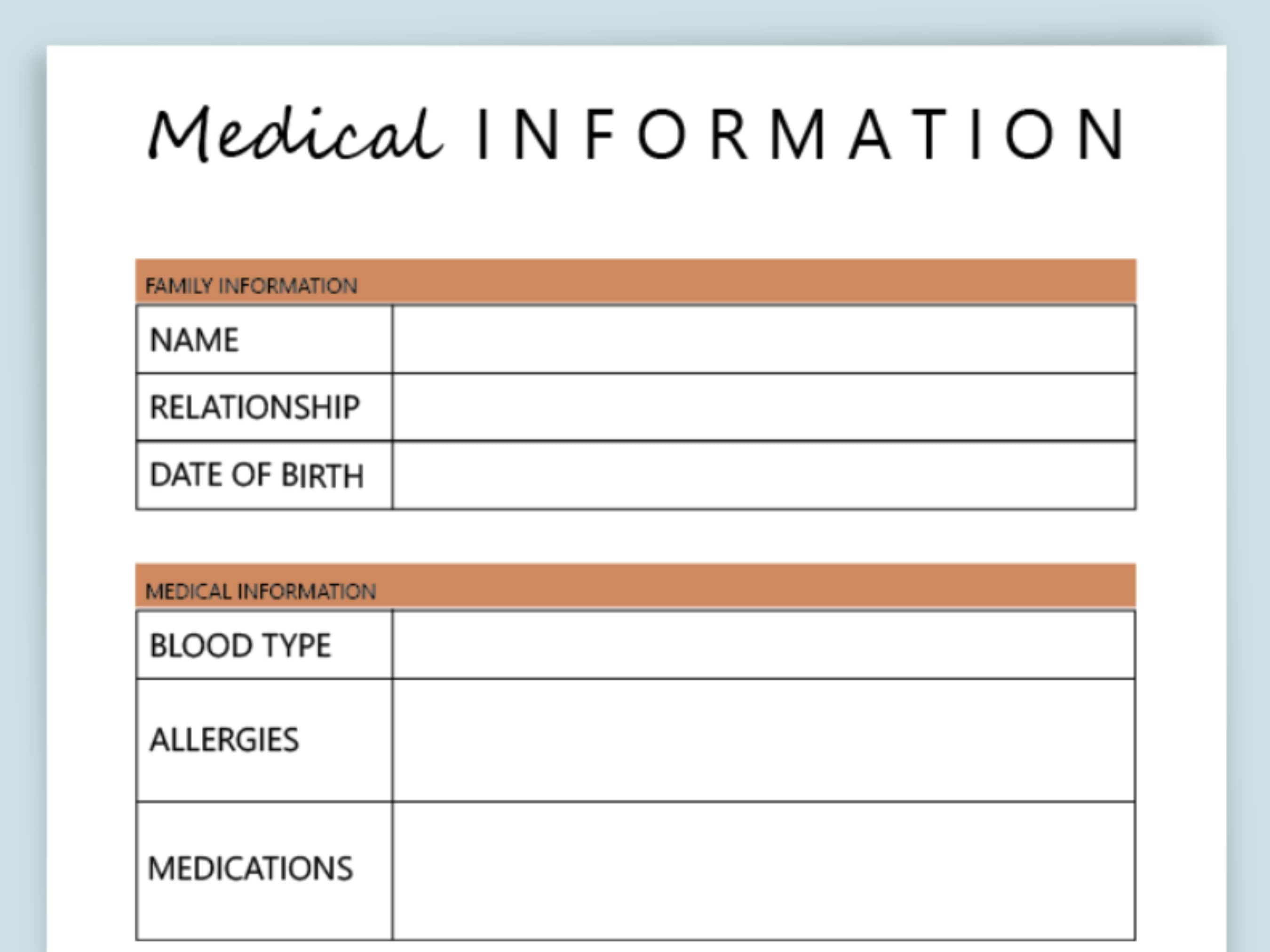 Medical Information, Printable, Instant Download, Printable PDF, US ...