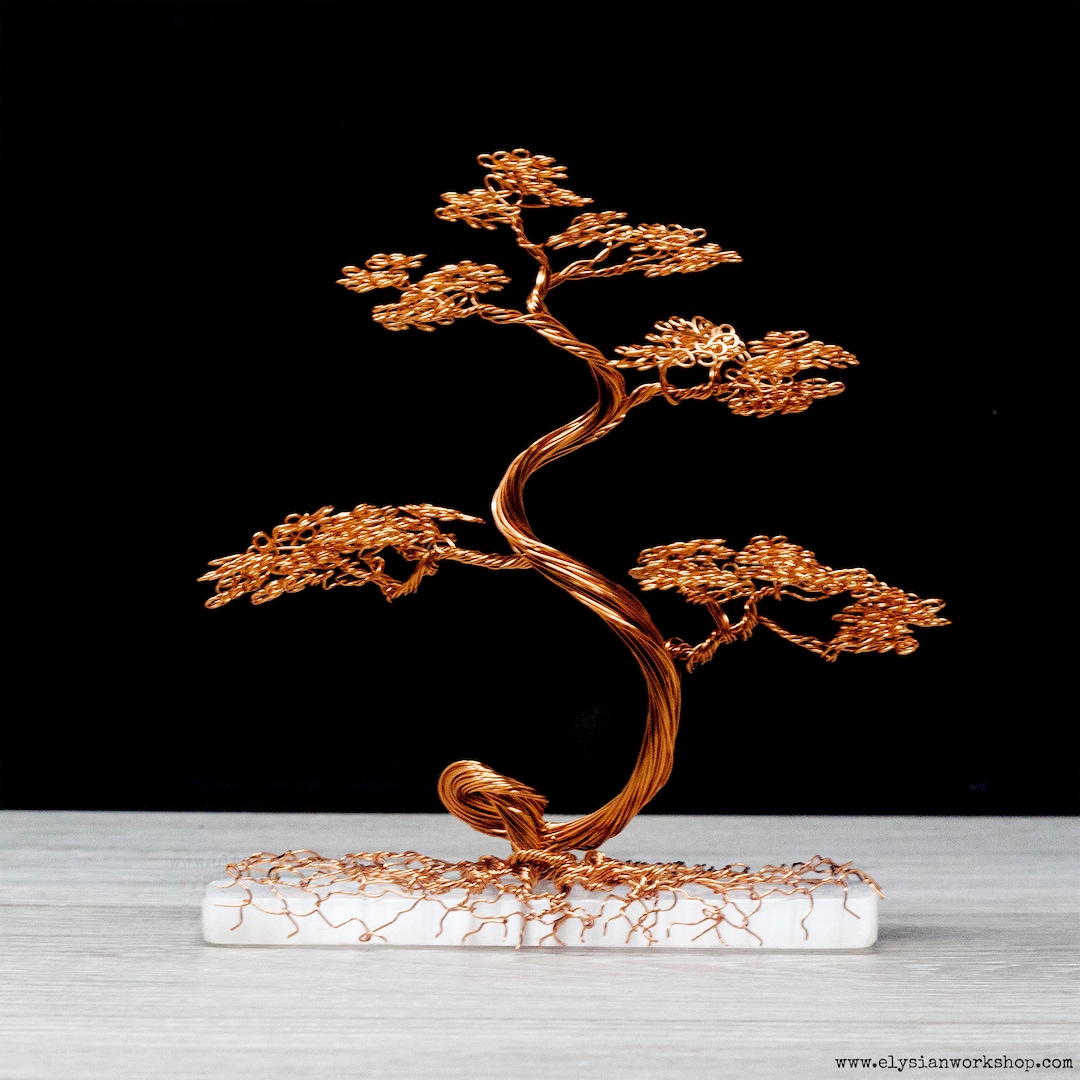Large Copper Wire Bonsai Tree on Selenite Crystal - Feng Shui Japan ...