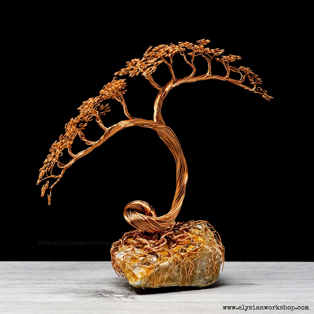 Copper Wire Split Cascade Bonsai Tree Sculpture on Blue Aventurine ...