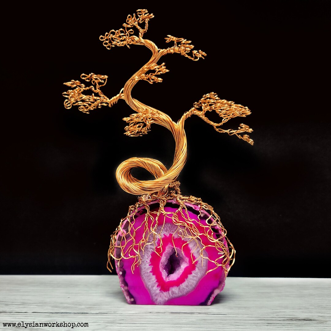 Handmade Copper Wire Cascade Bonsai Tree Pink Agate Geode Crystal - Etsy