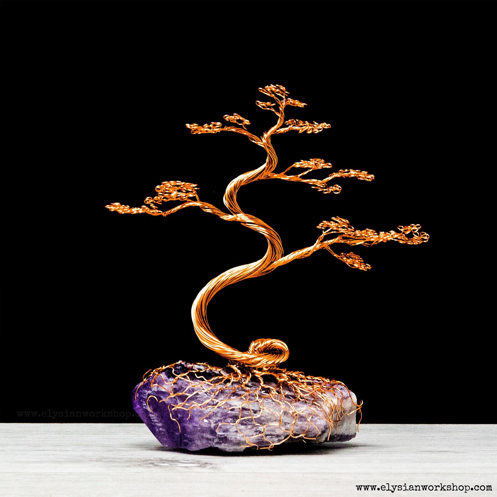 Copper Wire Wide Bonsai Tree Sculpture on Amethyst Crystal - Etsy