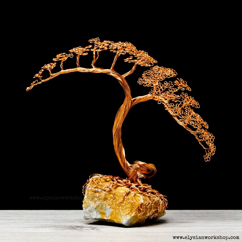 Copper Wire Split Cascade Bonsai Tree Sculpture on Blue Aventurine ...