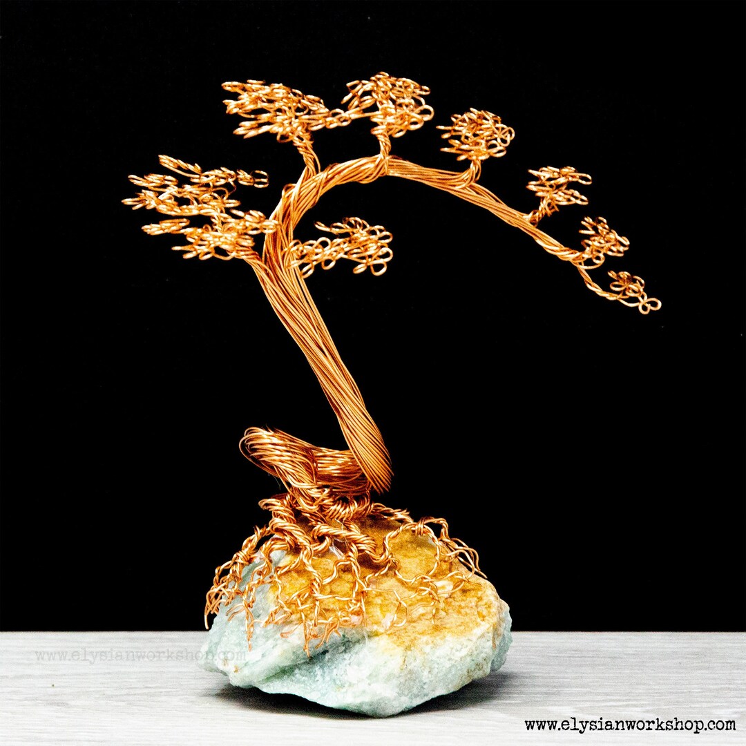Copper Wire Cascade Bonsai Tree Sculpture on Blue Green Aventurine ...