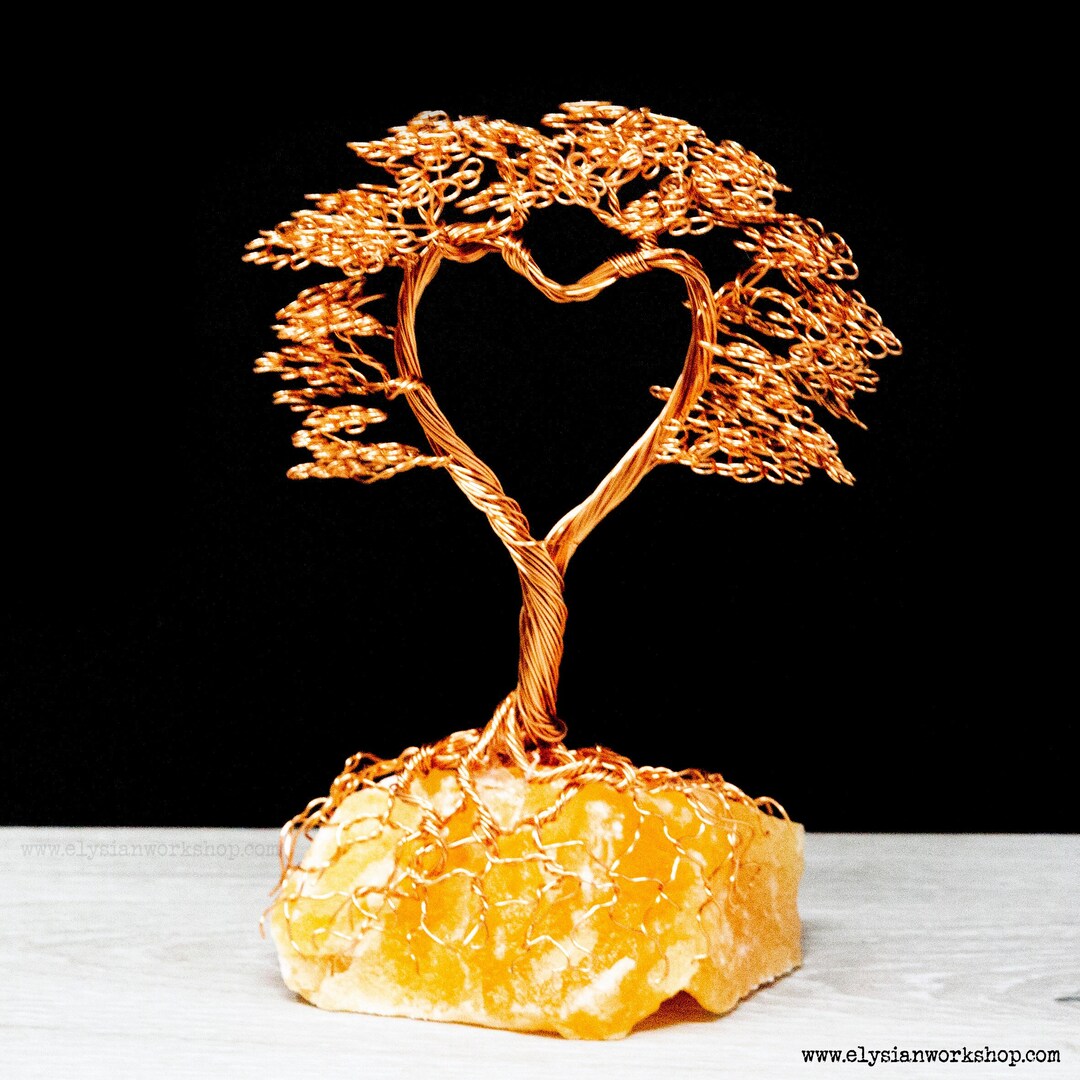 Handmade Copper Wire Heart Bonsai Tree Orange Calcite Crystal Sculpture ...