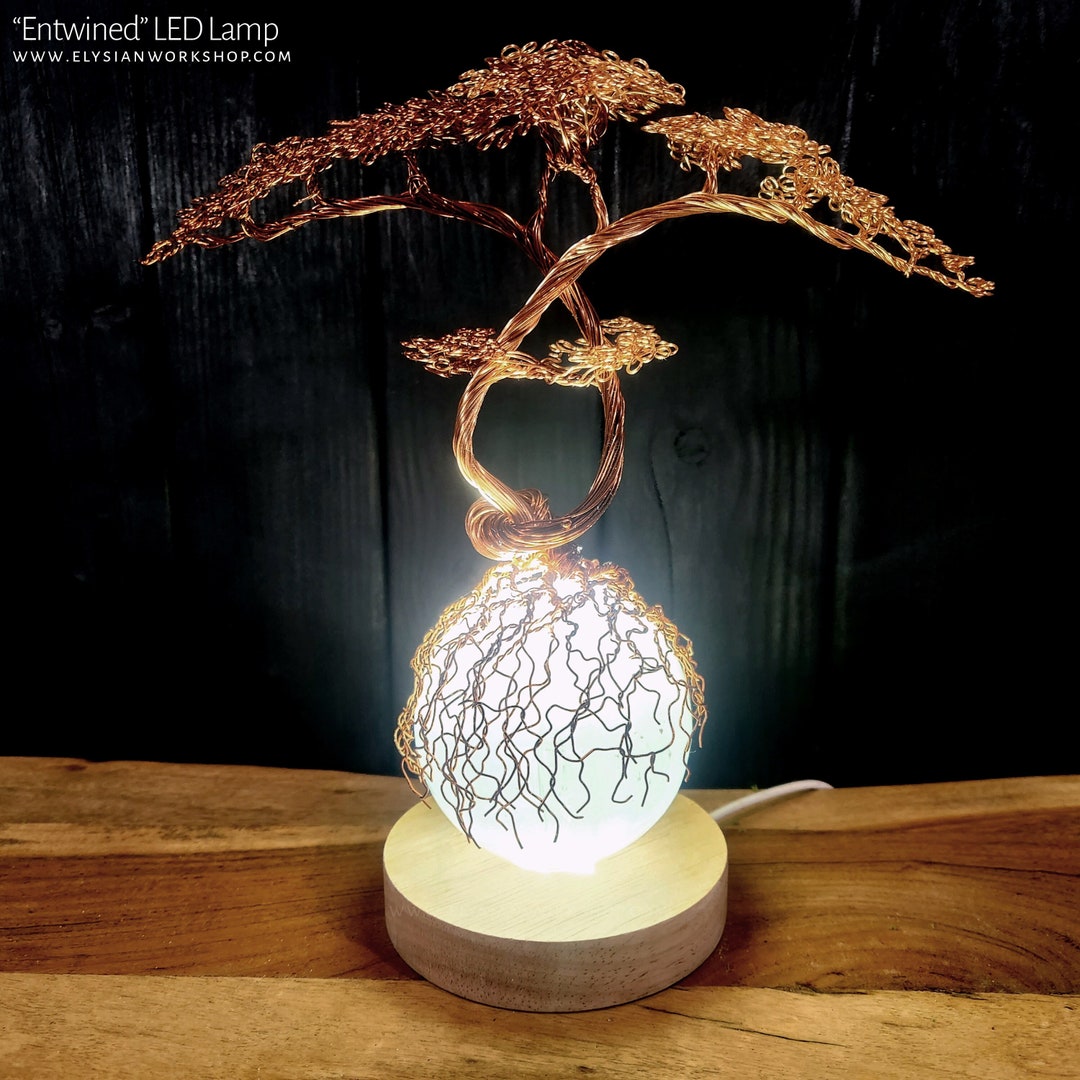 USB LED Lamp Copper Wire Twin Entwined Bonsai Tree on White Selenite ...