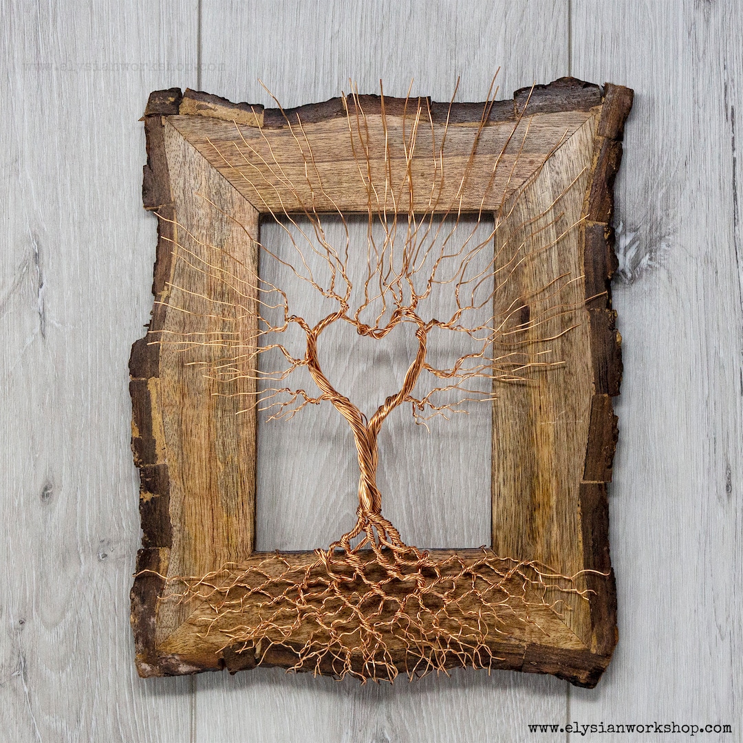 Handmade Copper Wire Heart Tree on Wood Frame Sculpture Anniversary ...