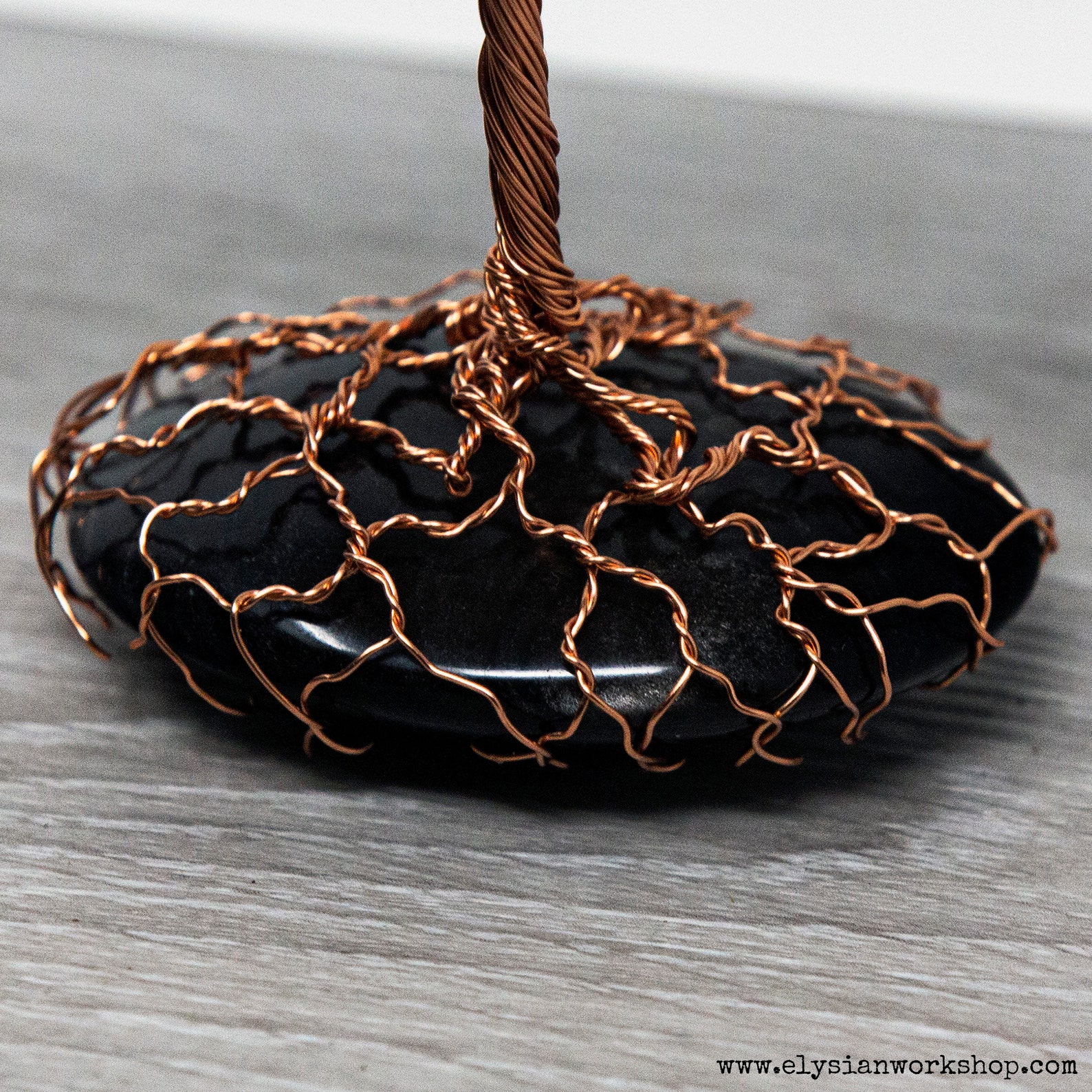 Copper Wire Protection Umbrella Bonsai Tree Sculpture on Obsidian Stone ...