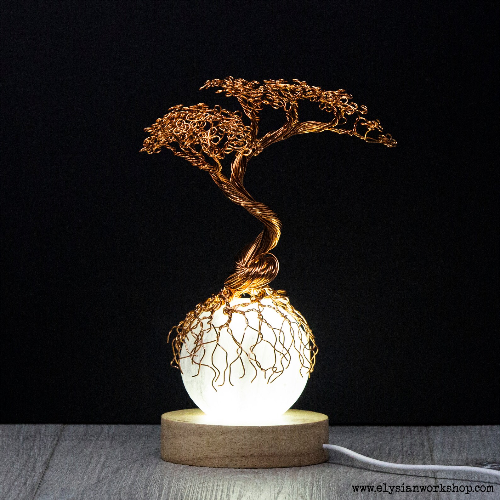 USB LED Lamp Copper Wire Bonsai Tree on White Selenite Sphere - Etsy