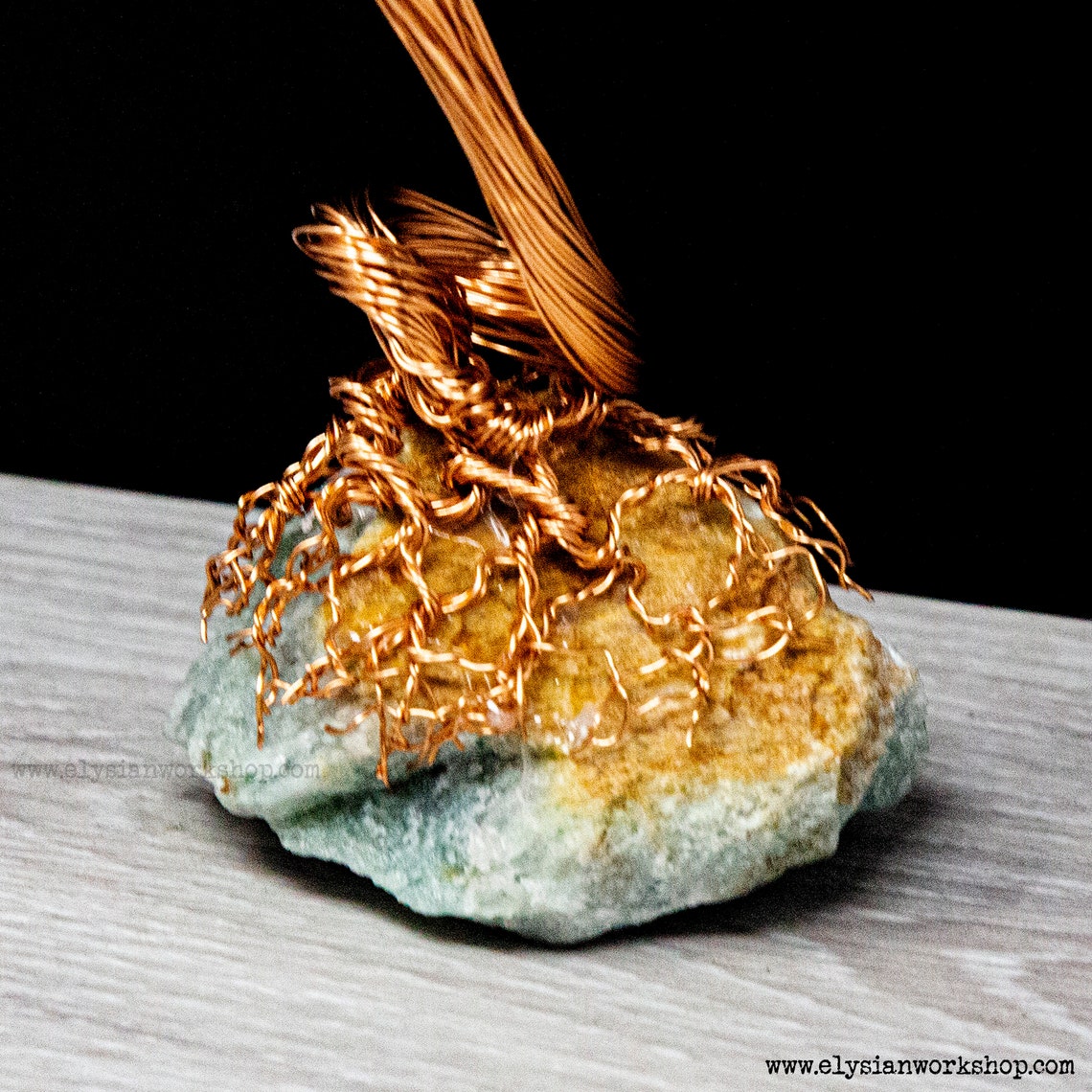 Copper Wire Cascade Bonsai Tree Sculpture on Blue Green Aventurine ...