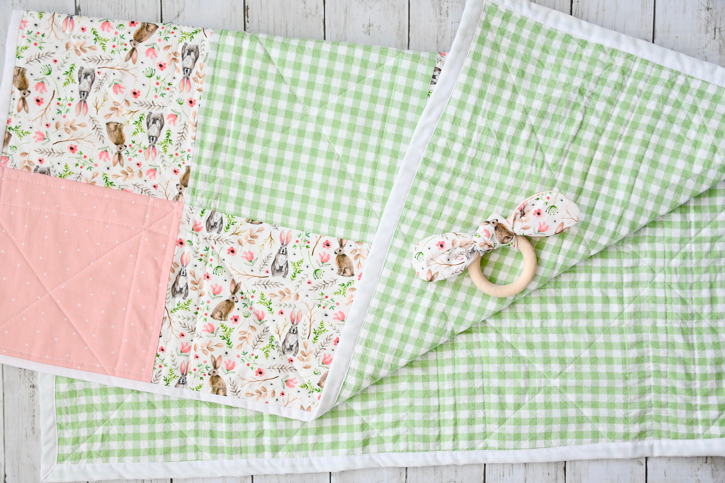 Handmade Baby Quilt and Wooden Teether, Baby Gift Set, Baby Girl Quilt ...