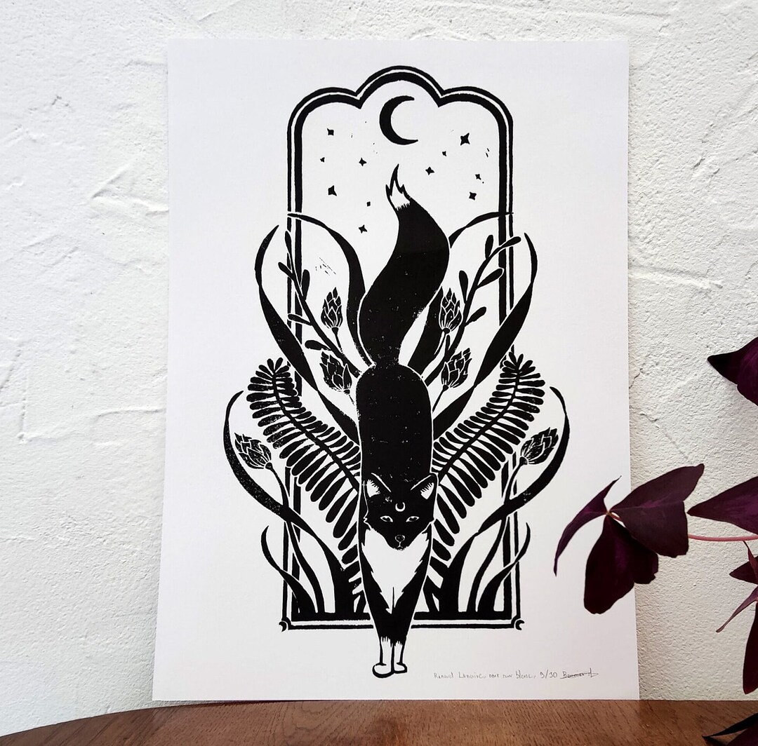 Linocut "lunar Fox", Handmade Print, Print, Limited Edition, Nature ...