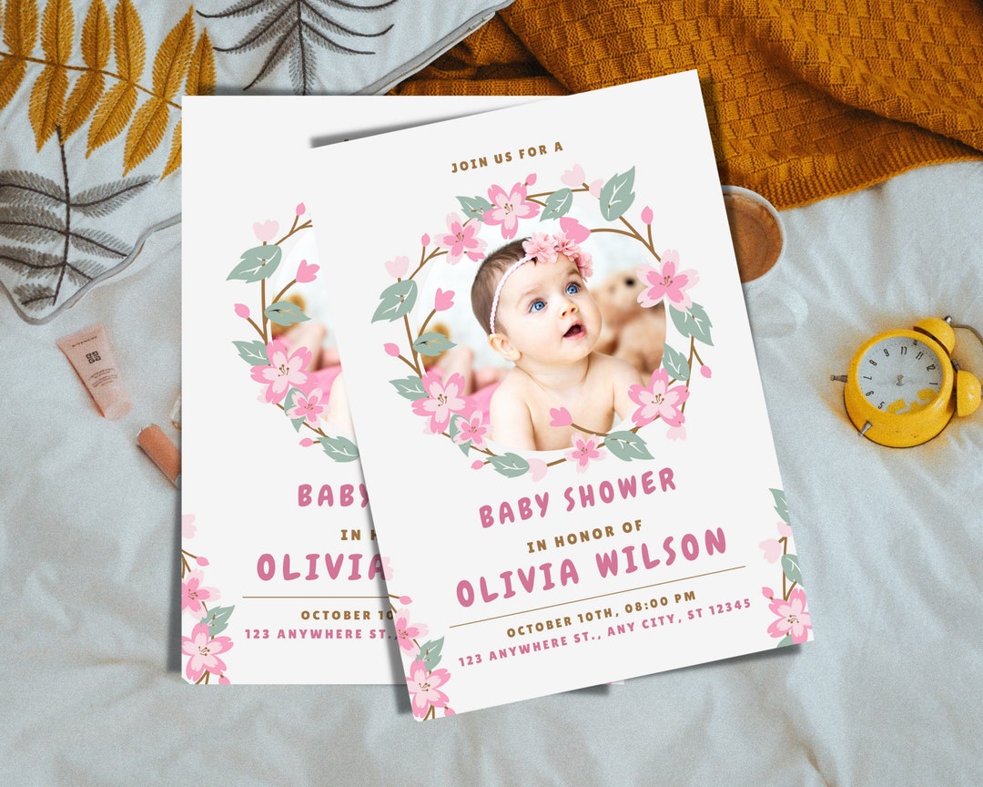 Pink Flower Frame Baby Shower Invitation Baby Shower Invitation Instant ...