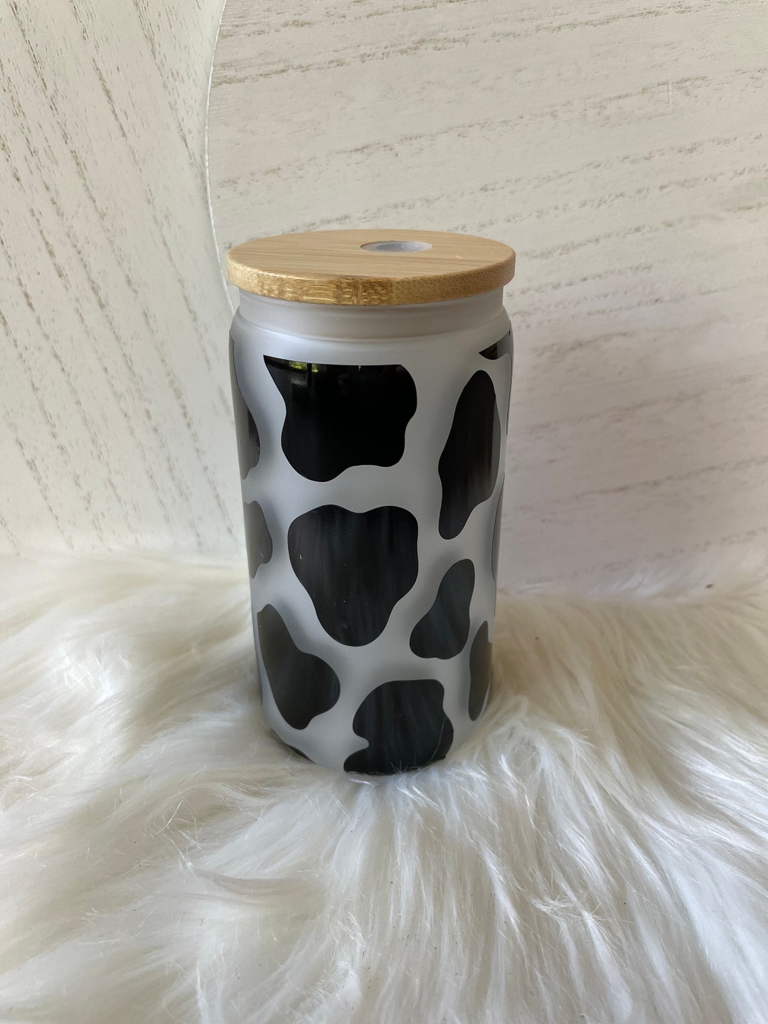 Cow Spots Cow Glass Cup Frosted Glass Bamboo Lid Plastic - Etsy